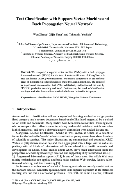 (PDF) Text Classification with Support Vector Machine and Back Propagation Neural Network