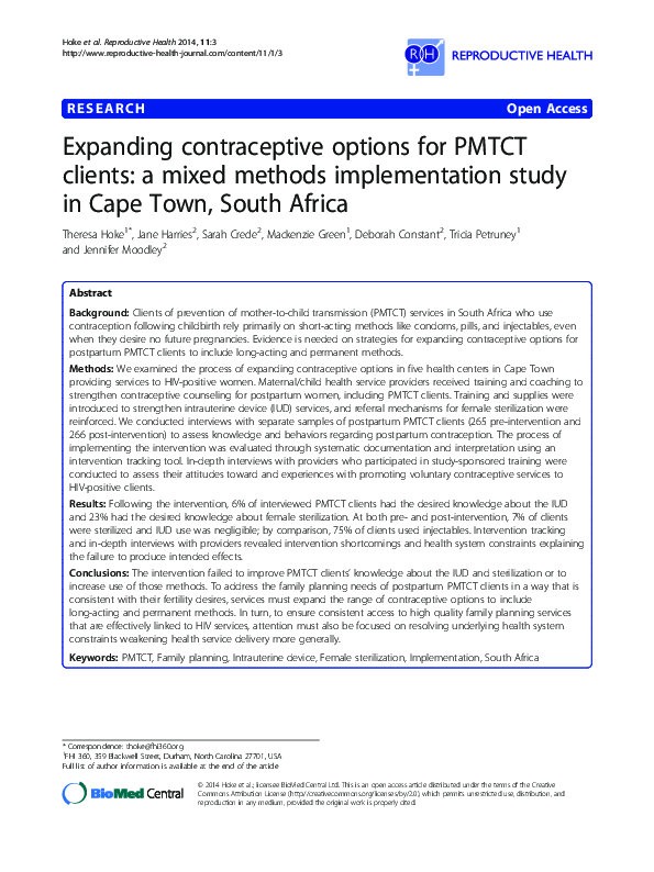 (PDF) Expanding contraceptive options for PMTCT clients: a mixed methods implementation study in ...