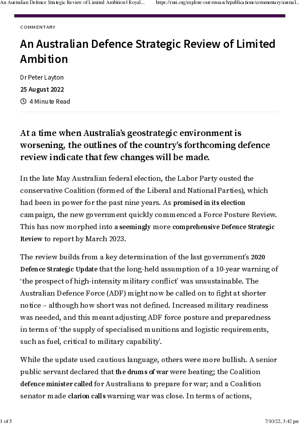 (PDF) An Australian Defence Strategic Review of Limited Ambition