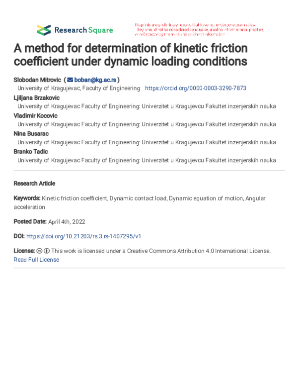 (PDF) A method for determination of kinetic friction coefficient under dynamic loading conditions