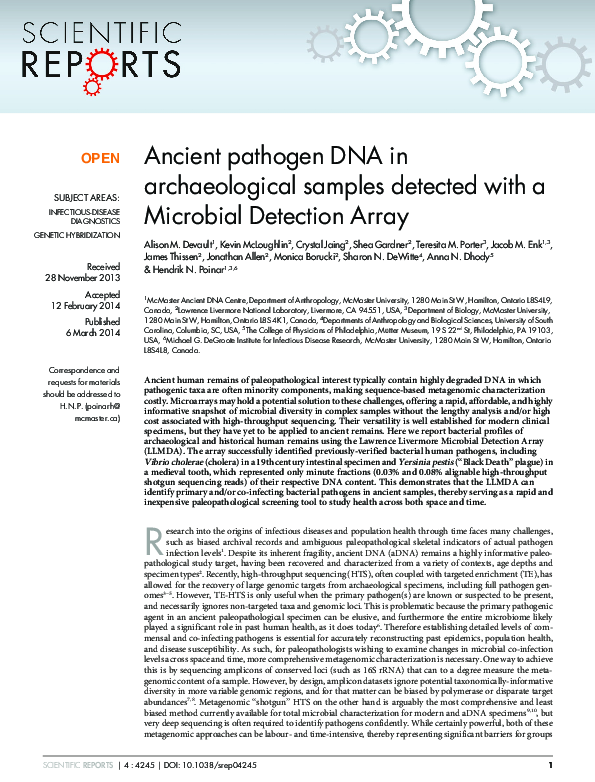 (PDF) Ancient pathogen DNA in archaeological samples detected with a Microbial Detection Array