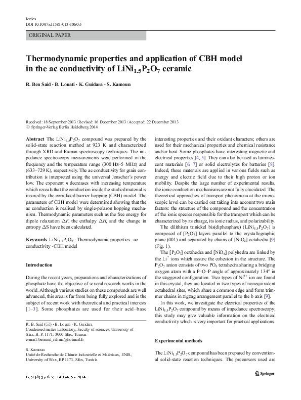 (PDF) Thermodynamic properties and application of CBH model in the ac conductivity of LiNi1 ...