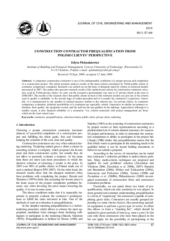 (PDF) Construction Contractor Prequalification from Polish Clients’ Perspective