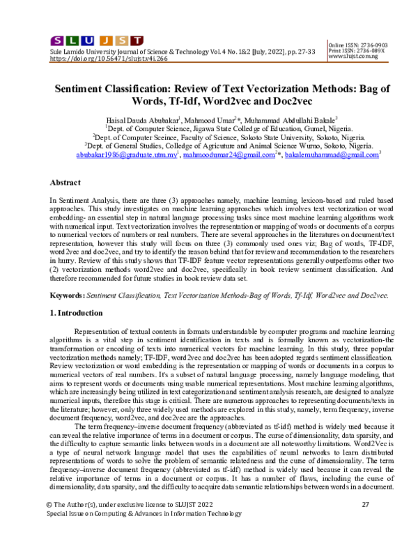 Pdf Sentiment Classification Review Of Text Vectorization Methods Bag Of Words Tf Idf
