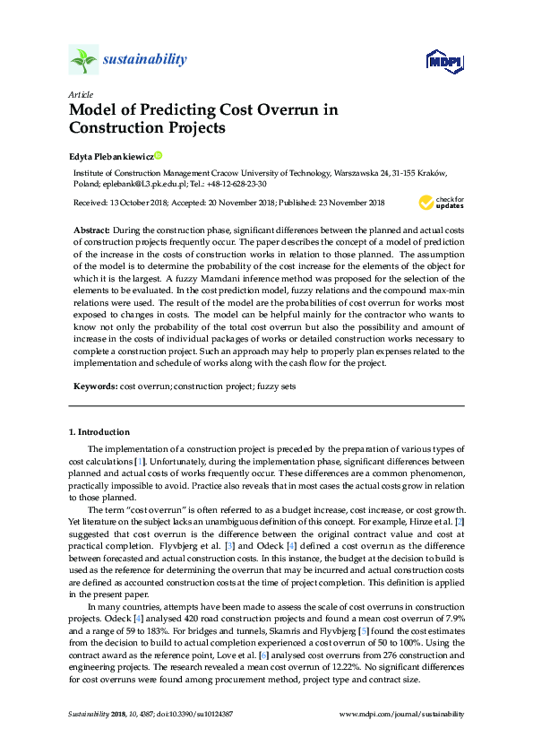 Pdf Model Of Predicting Cost Overrun In Construction Projects
