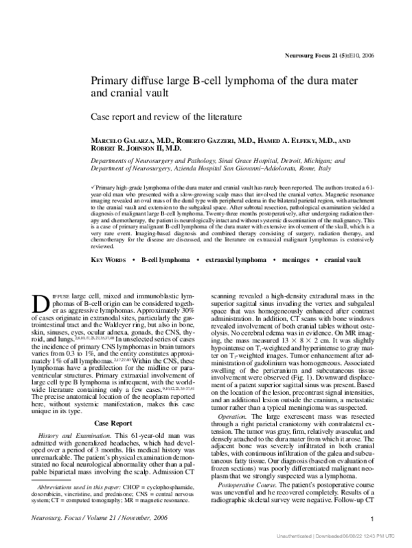 (PDF) Primary diffuse large B-cell lymphoma of the dura mater and cranial vault
