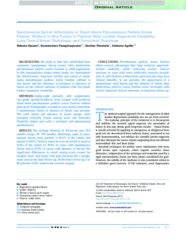 (PDF) Spontaneous Spinal Arthrodesis in Stand-Alone Percutaneous ...