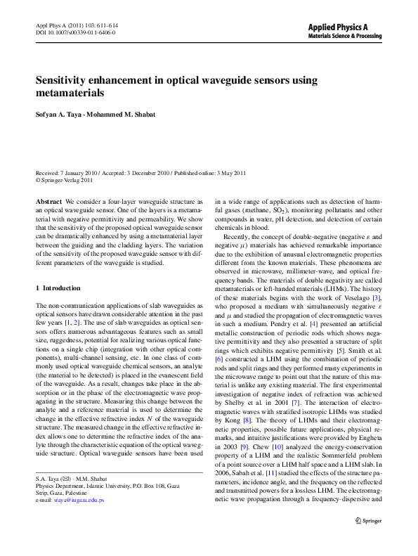 Pdf Sensitivity Enhancement In Optical Waveguide Sensors Using