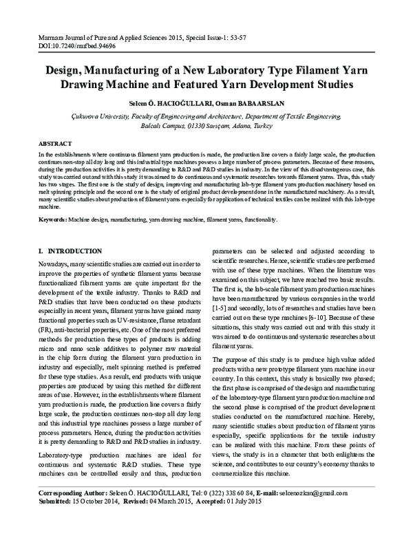 (PDF) Design, Manufacturing of A New Laboratory Type Filament Yarn ...