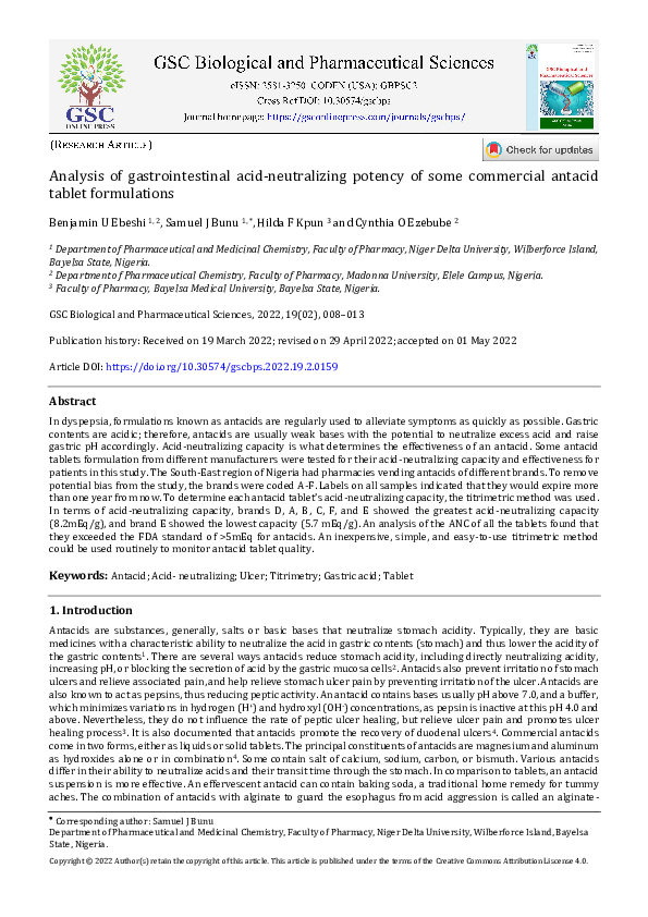 (PDF) Analysis of gastrointestinal acid-neutralizing potency of some commercial antacid tablet ...