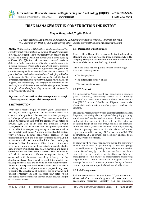 (PDF) "RISK MANAGEMENT IN CONSTRUCTION INDUSTRY"