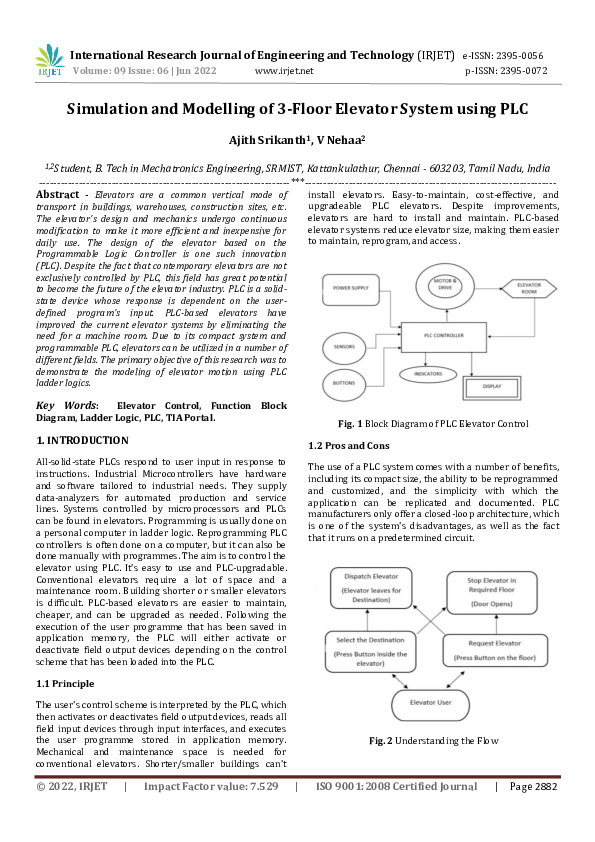 Pdf Simulation And Modelling Of 3 Floor Elevator System Using Plc