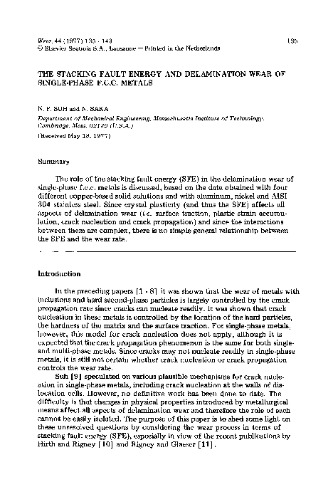 (PDF) The stacking fault energy and delamination wear of single-phase f.c.c. metals | nam suh ...