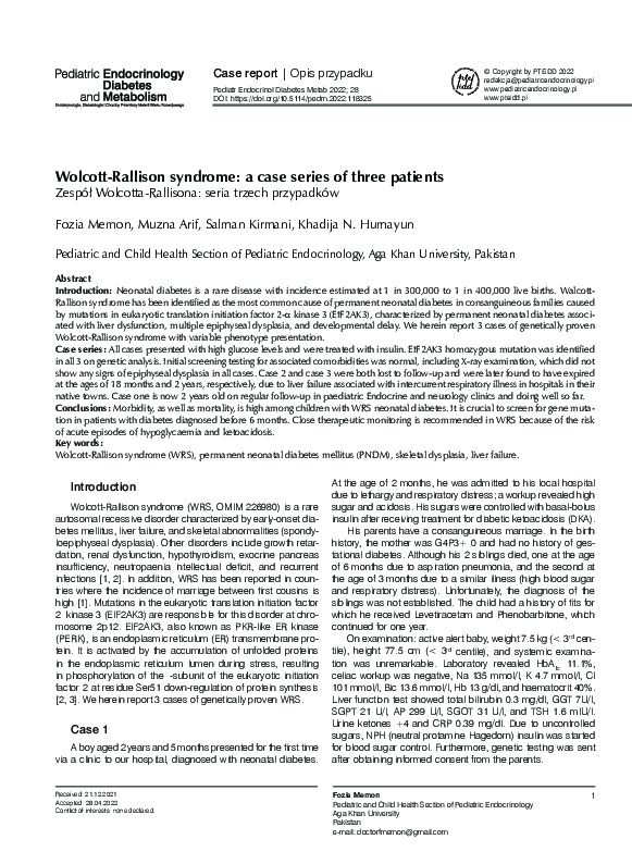 (PDF) Wolcott-Rallison syndrome: a case series of three patients