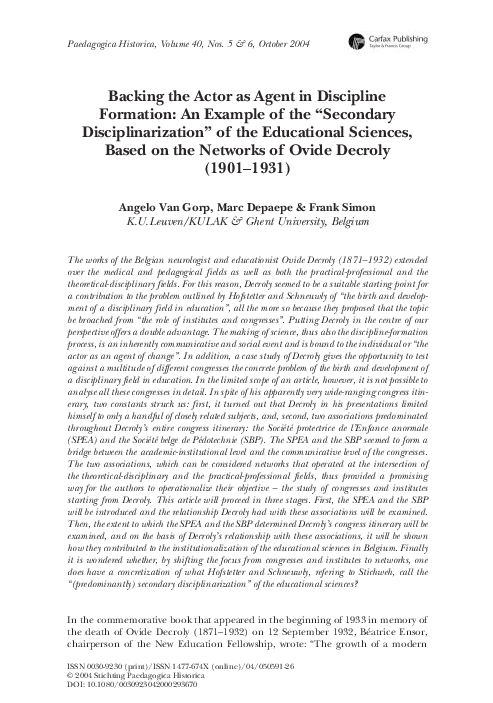 (PDF) Backing the actor as agent in discipline formation: an example of ...