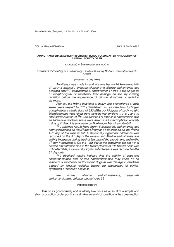 (PDF) Aminotransferase activity in chicken blood plasma after ...