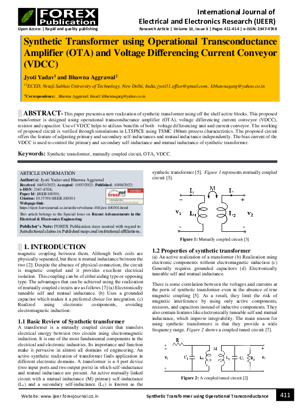 Pdf Synthetic Transformer Using Operational Transconductance Amplifier Ota And Voltage