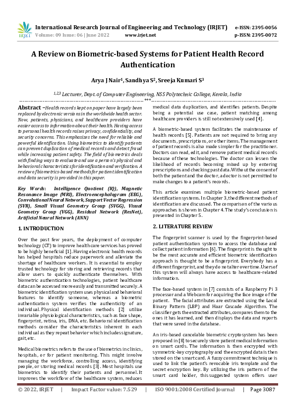 (PDF) A Review on Biometric-based Systems for Patient Health Record ...