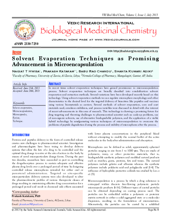 (PDF) Solvent Evaporation Techniques as Promising Advancement in Microencapsulation