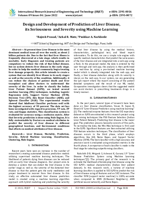 Pdf Design And Development Of Prediction Of Liver Disease Its Seriousness And Severity Using