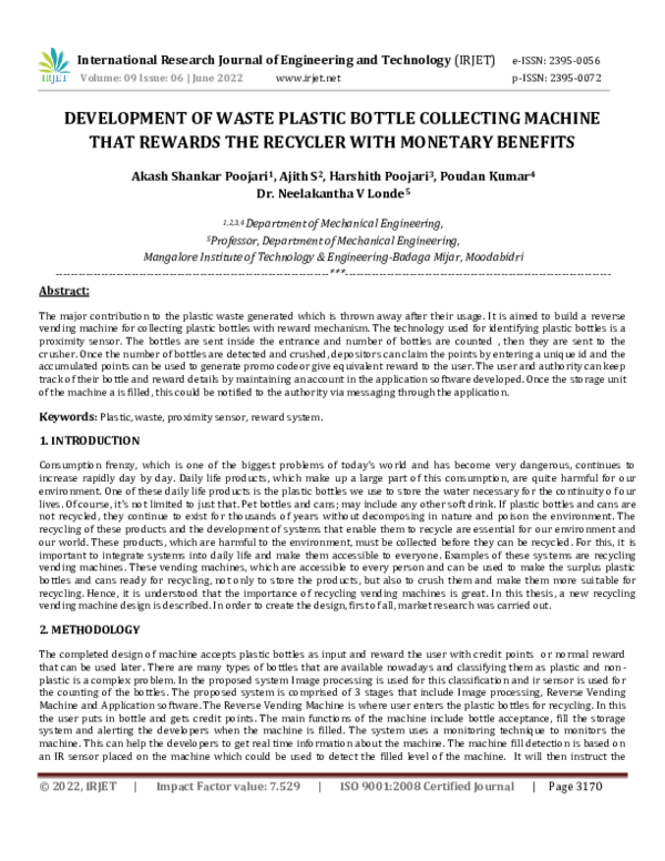 (PDF) DEVELOPMENT OF WASTE PLASTIC BOTTLE COLLECTING MACHINE THAT REWARDS THE RECYCLER WITH ...