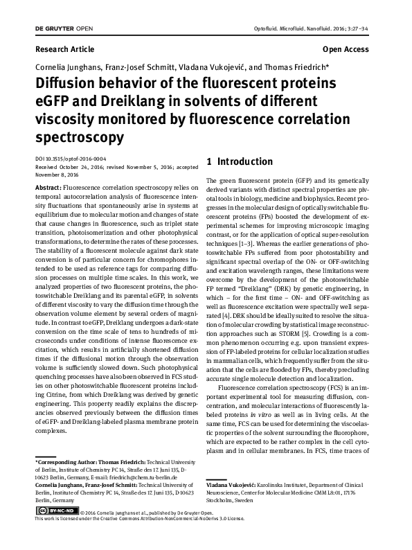 (PDF) Diffusion behavior of the fluorescent proteins eGFP and Dreiklang ...