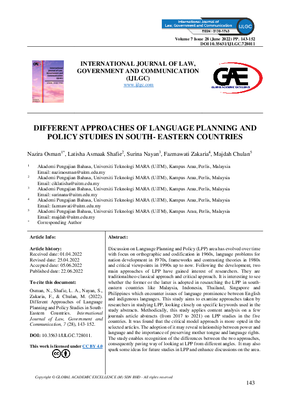 (PDF) Different Approaches of Language Planning and Policy Studies in ...