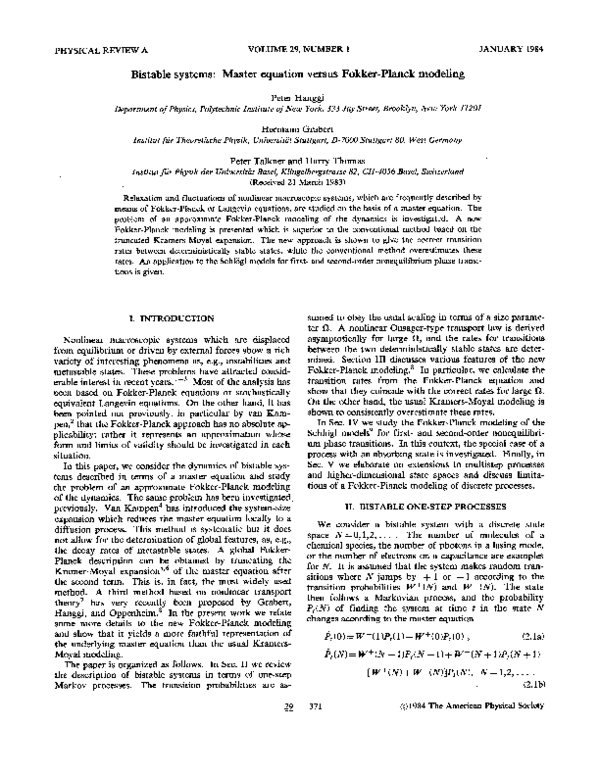 (PDF) Bistable systems: Master equation versus Fokker-Planck modeling