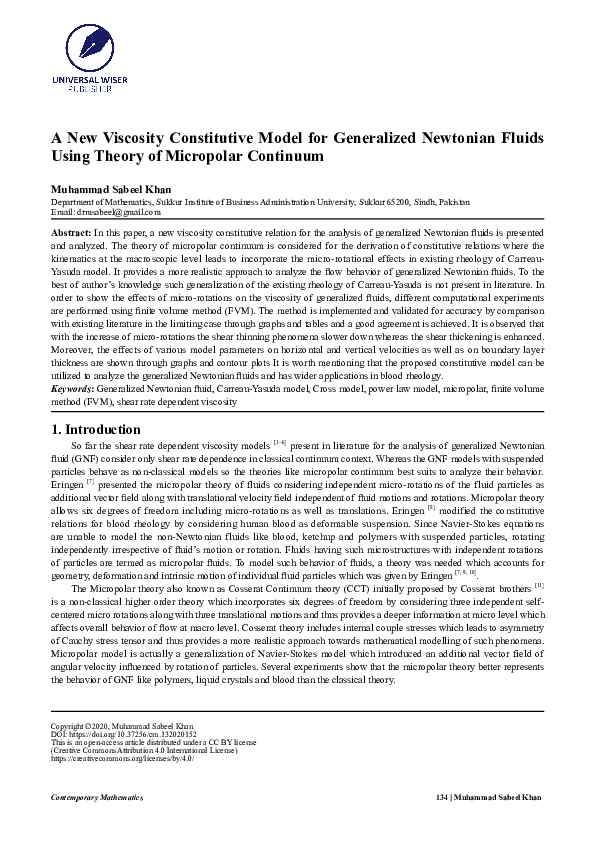 (PDF) A New Viscosity Constitutive Model for Generalized Newtonian Fluids Using Theory of ...