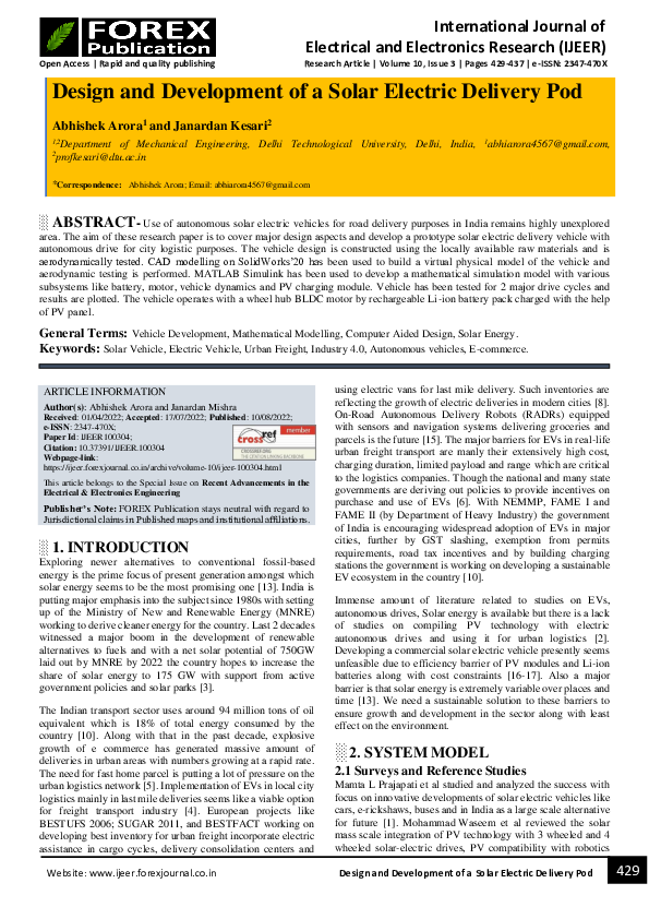 (PDF) Design and Development of a Solar Electric Delivery Pod