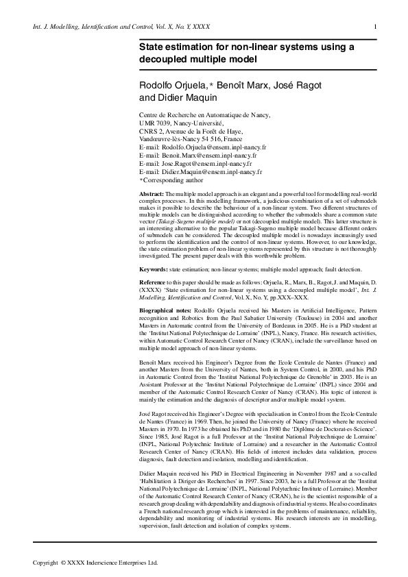 (PDF) State estimation for non-linear systems using a decoupled multiple model