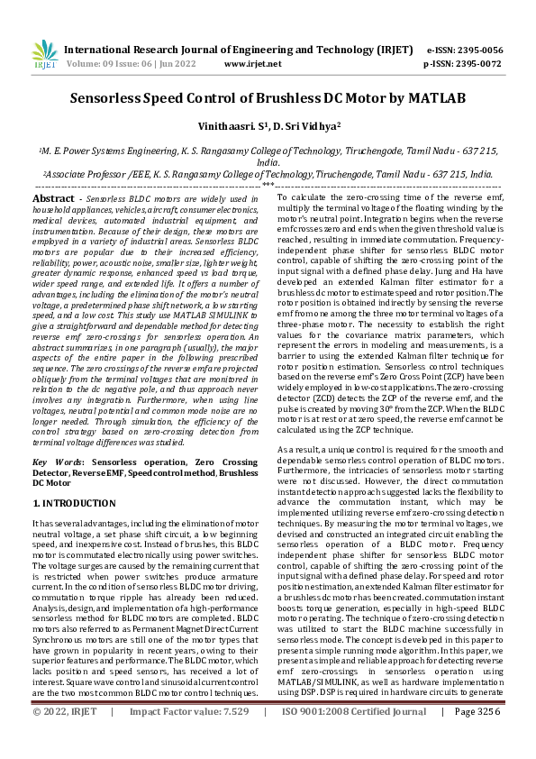 Pdf Sensorless Speed Control Of Brushless Dc Motor By Matlab