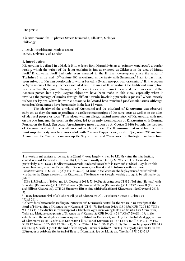 (PDF) Kizzuwatna and the Euphrates States: Kummaha, Elbistan, Malatya ...