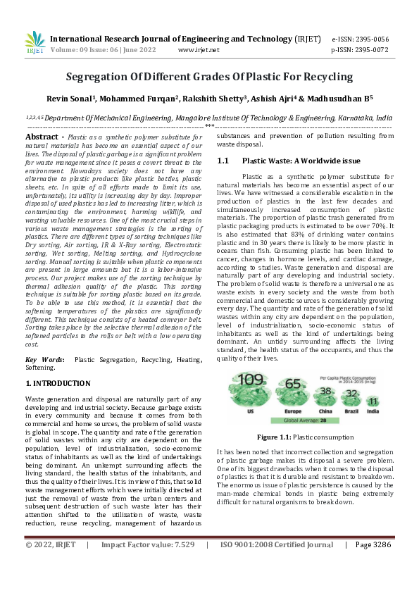 (PDF) Segregation Of Different Grades Of Plastic For Recycling