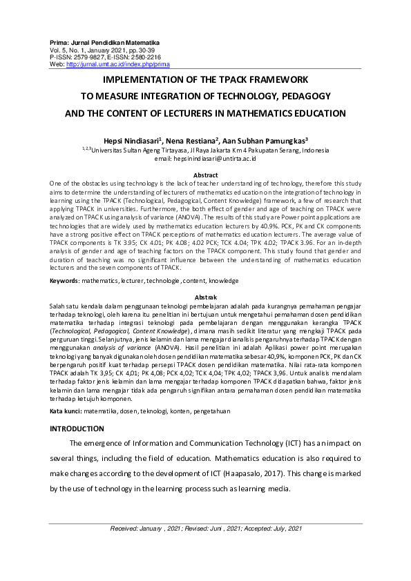 (PDF) Implementation of the Tpack Framework to Measure Integration of Technology, Pedagogy and ...