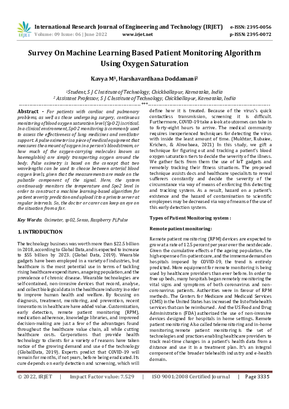 Pdf Survey On Machine Learning Based Patient Monitoring Algorithm