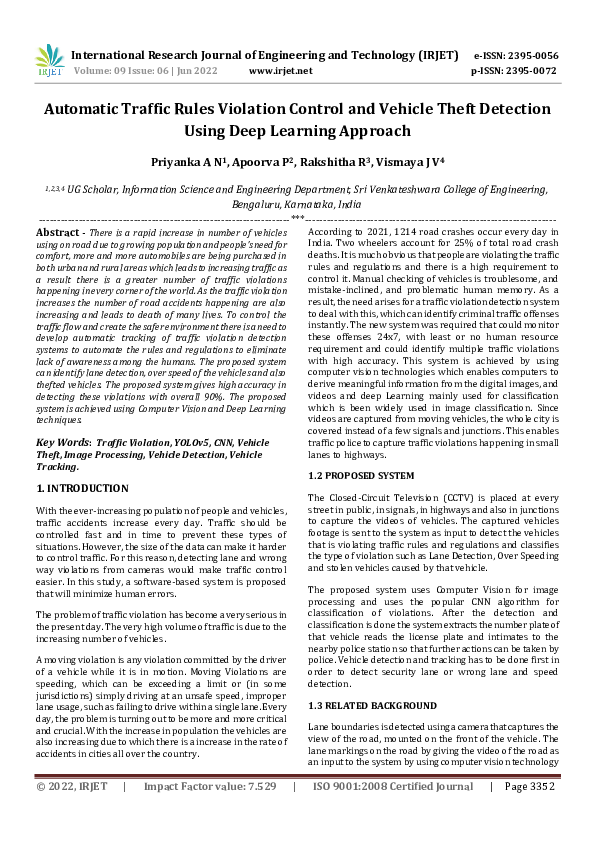 Pdf Automatic Traffic Rules Violation Control And Vehicle Theft Detection Using Deep Learning