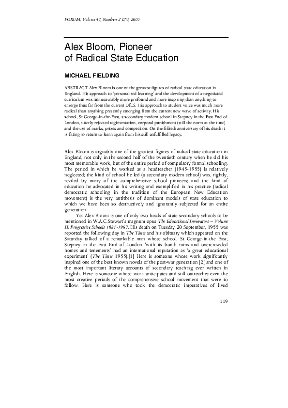 (PDF) Alex Bloom, Pioneer of Radical State Education