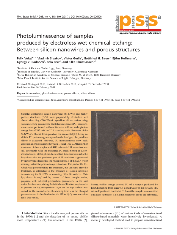 (PDF) Photoluminescence of samples produced by electroless wet chemical etching: Between silicon ...