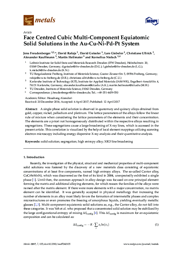 (PDF) Face Centred Cubic Multi-Component Equiatomic Solid Solutions in ...