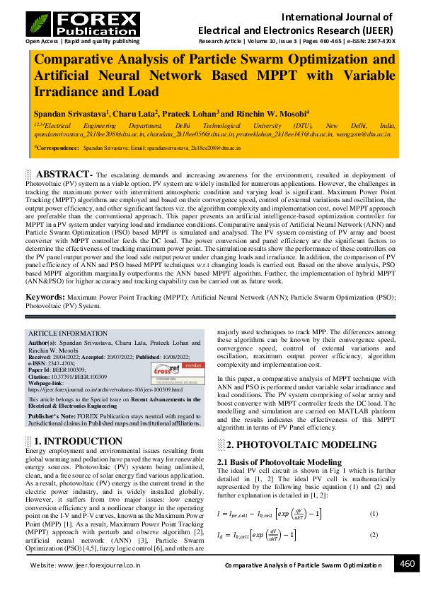 Pdf Pso Vs Ann For Mppt In Pv Systems