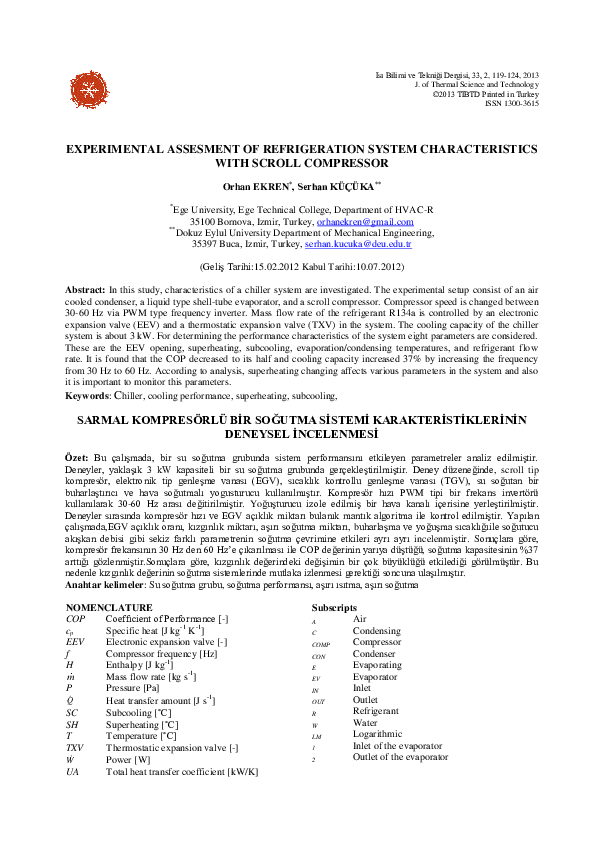 (PDF) Experimental Assesment of Refrigeration System Characteristics with Scroll Compressor