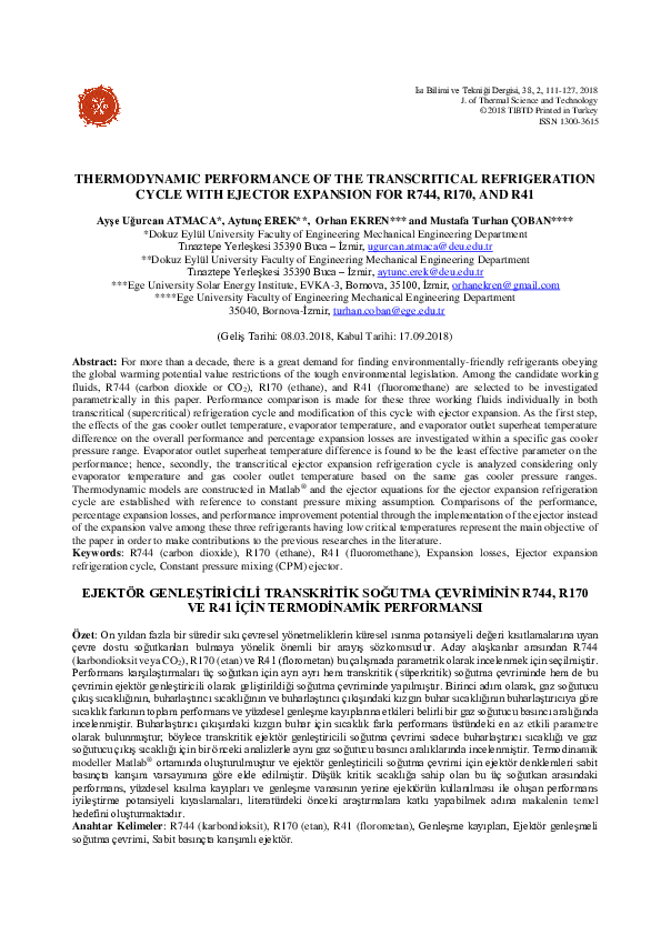 (PDF) Thermodynamic Performance of the Transcritical Refrigeration ...
