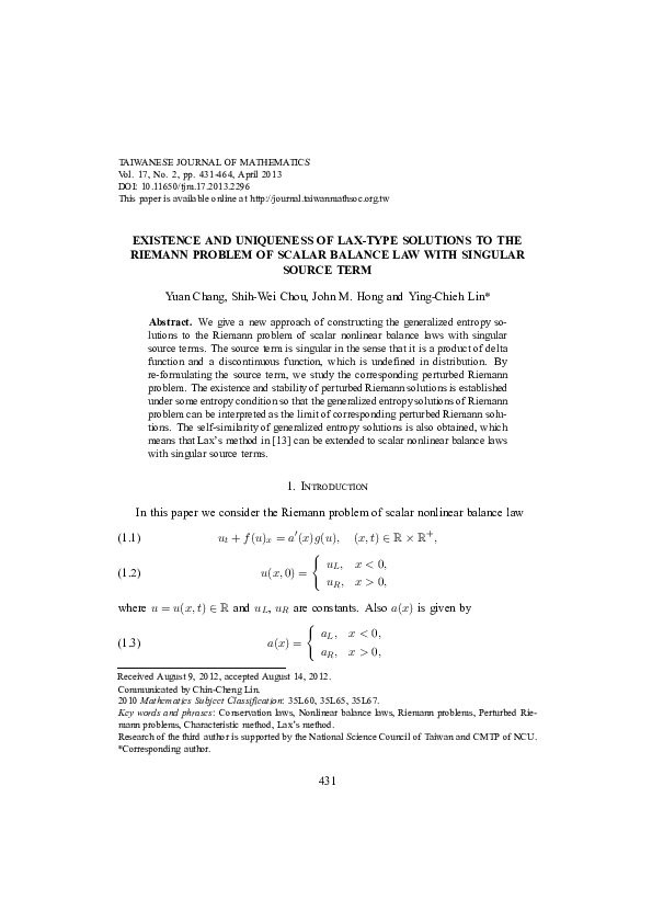 (PDF) Existence and Uniqueness of Lax-Type Solutions to the Riemann Problem of Scalar Balance ...