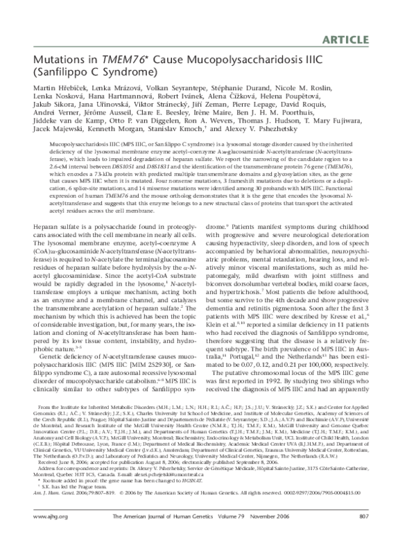 (PDF) Mutations in TMEM76 Cause Mucopolysaccharidosis IIIC (Sanfilippo ...