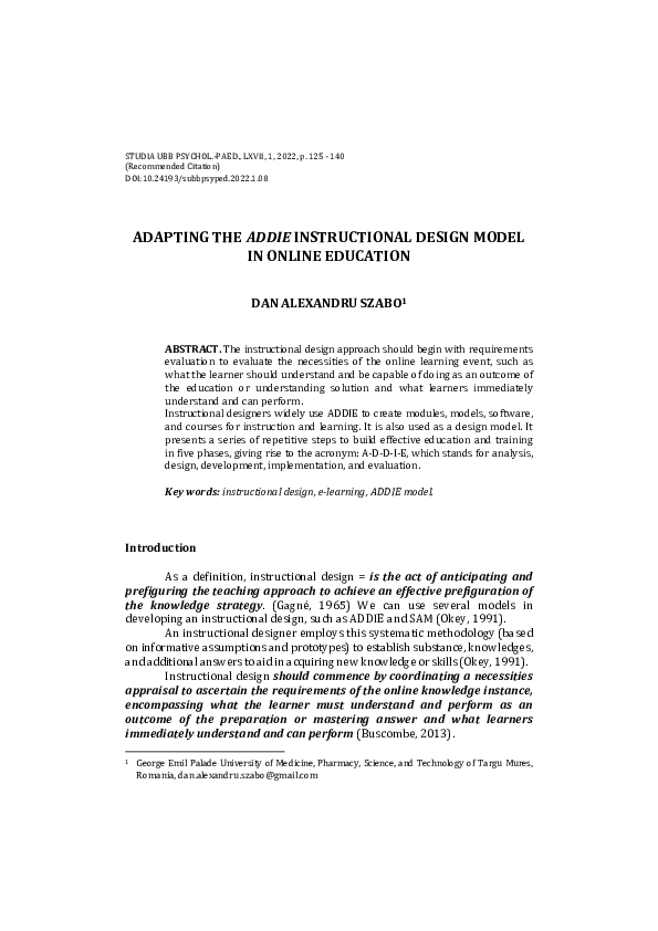 Pdf Adapting The Addie Instructional Design Model In Online Education