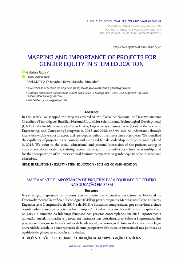 (PDF) Mapping and Importance of Projects for Gender Equity in Stem ...