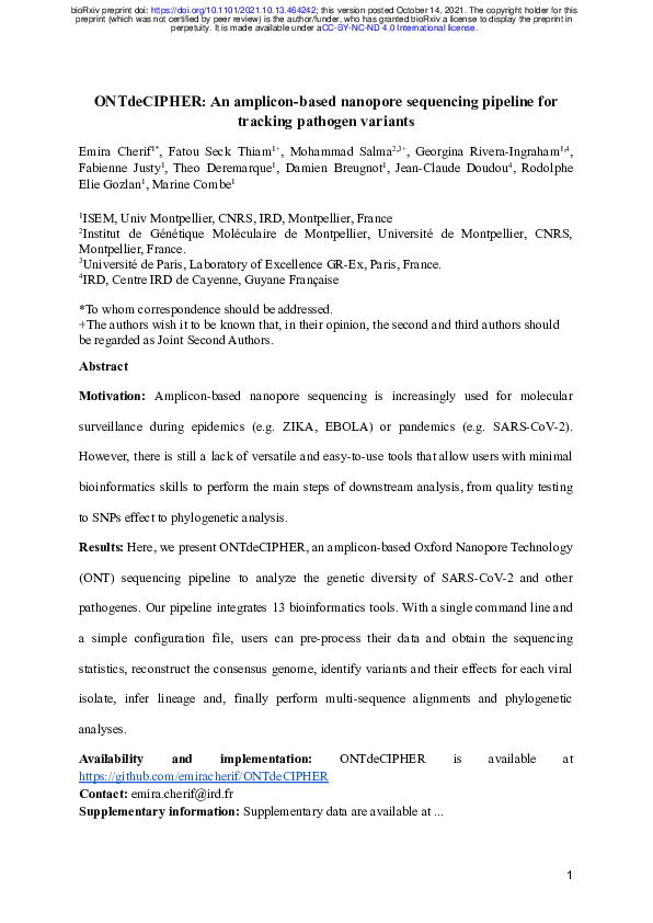 Pdf Ontdecipher An Amplicon Based Nanopore Sequencing Pipeline For Tracking Pathogen Variants