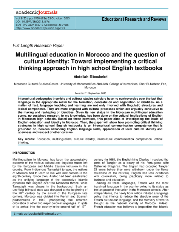 (PDF) Multilingual education in Morocco and the question of cultural ...