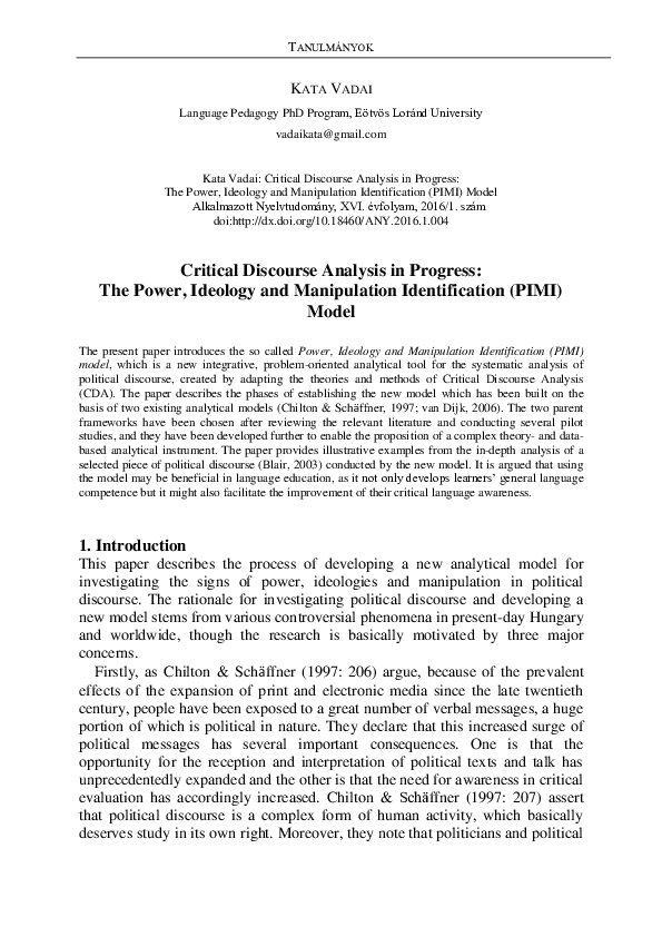 (PDF) Critical Discourse Analysis in Progress: The Power, Ideology and Manipulation ...